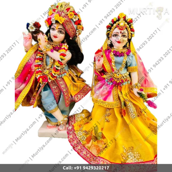 ISKCON White Radha Krishna Marble Statue With Yellow Blue Clothes ...